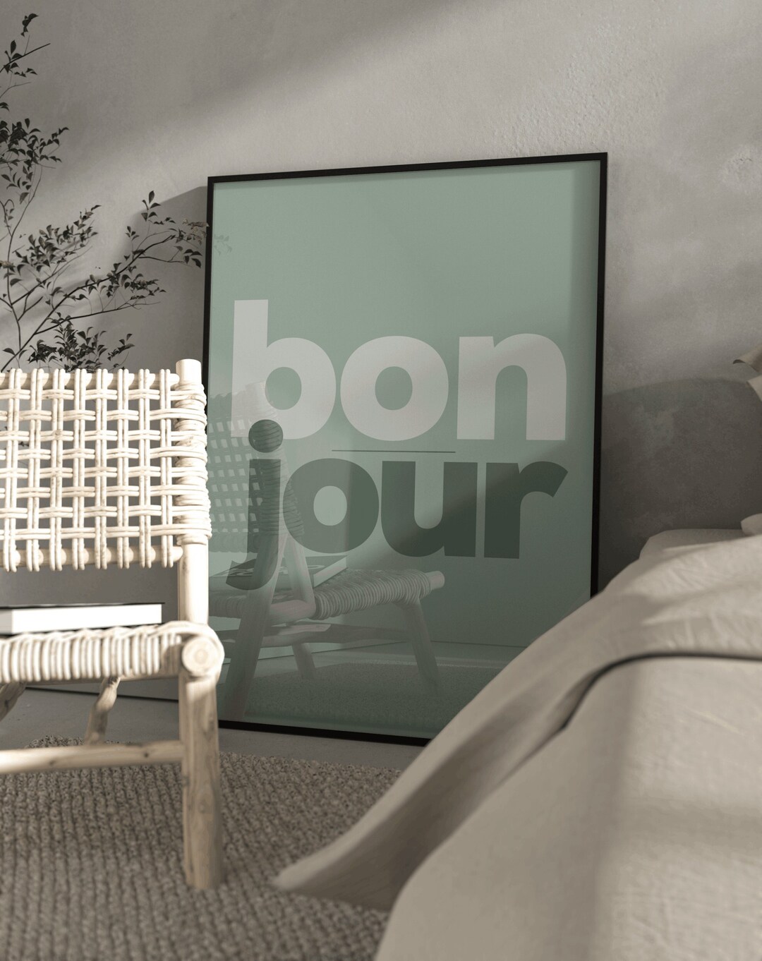 Bonjour French Quote Poster/ Scandinavian Design Print/ Sage Green ...