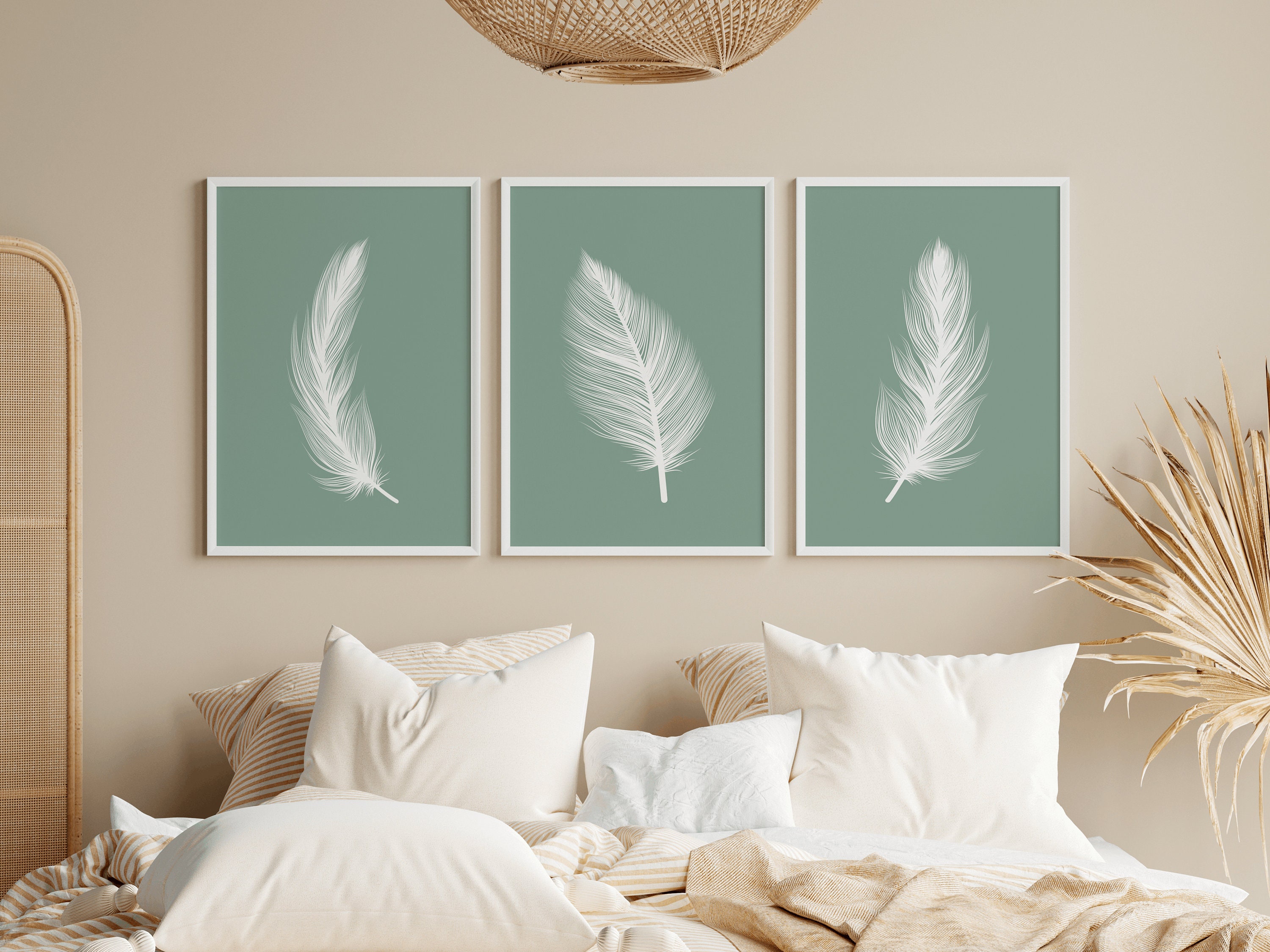 White Feathers on Sage Green Background Set of 3 Prints/ - Etsy