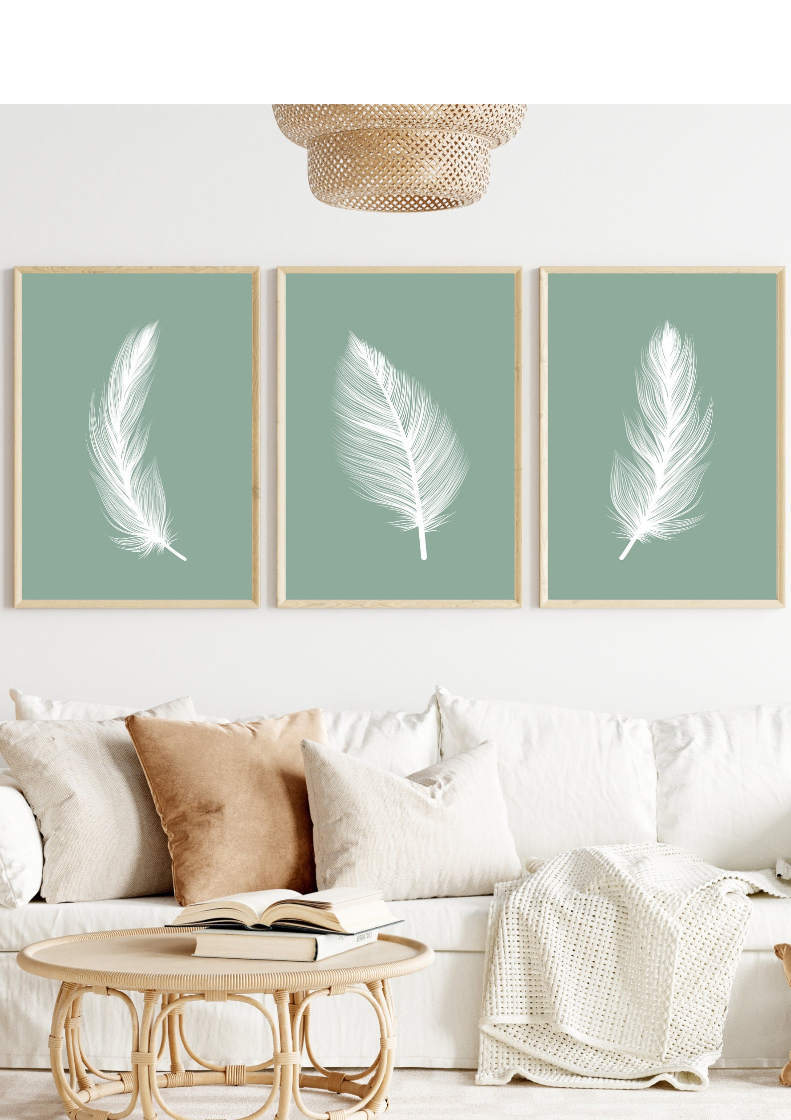 White Feathers on Sage Green Background Set of 3 Prints/ - Etsy