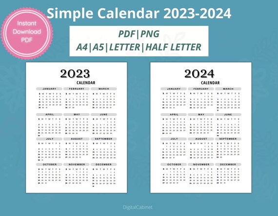 2023 2024 MINIMALIST CALENDAR Printable Digital Yearly | Etsy