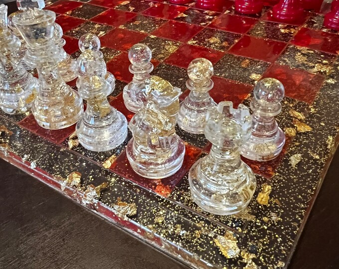 Chess Set - Handmade - Red/gold Flakes and Glitter - Etsy