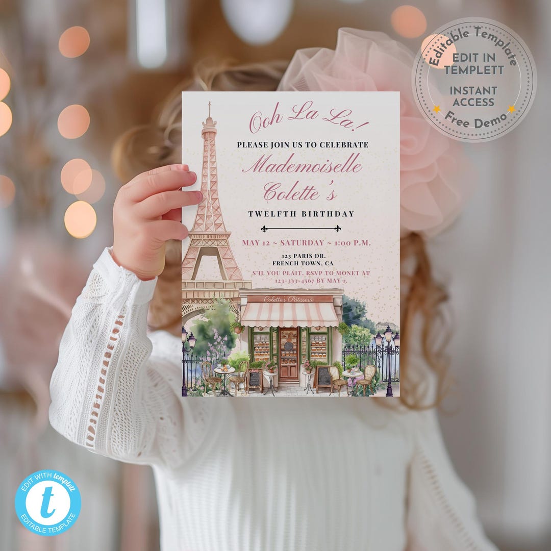 Parisian Kids 12th Birthday Invitation, Eiffel Tower Invite, Travel ...