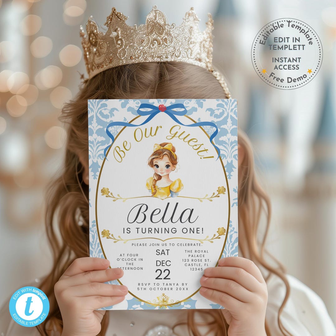 1s Birthday Princess Invite, Belle Princess Party (DIY Template), Royal ...