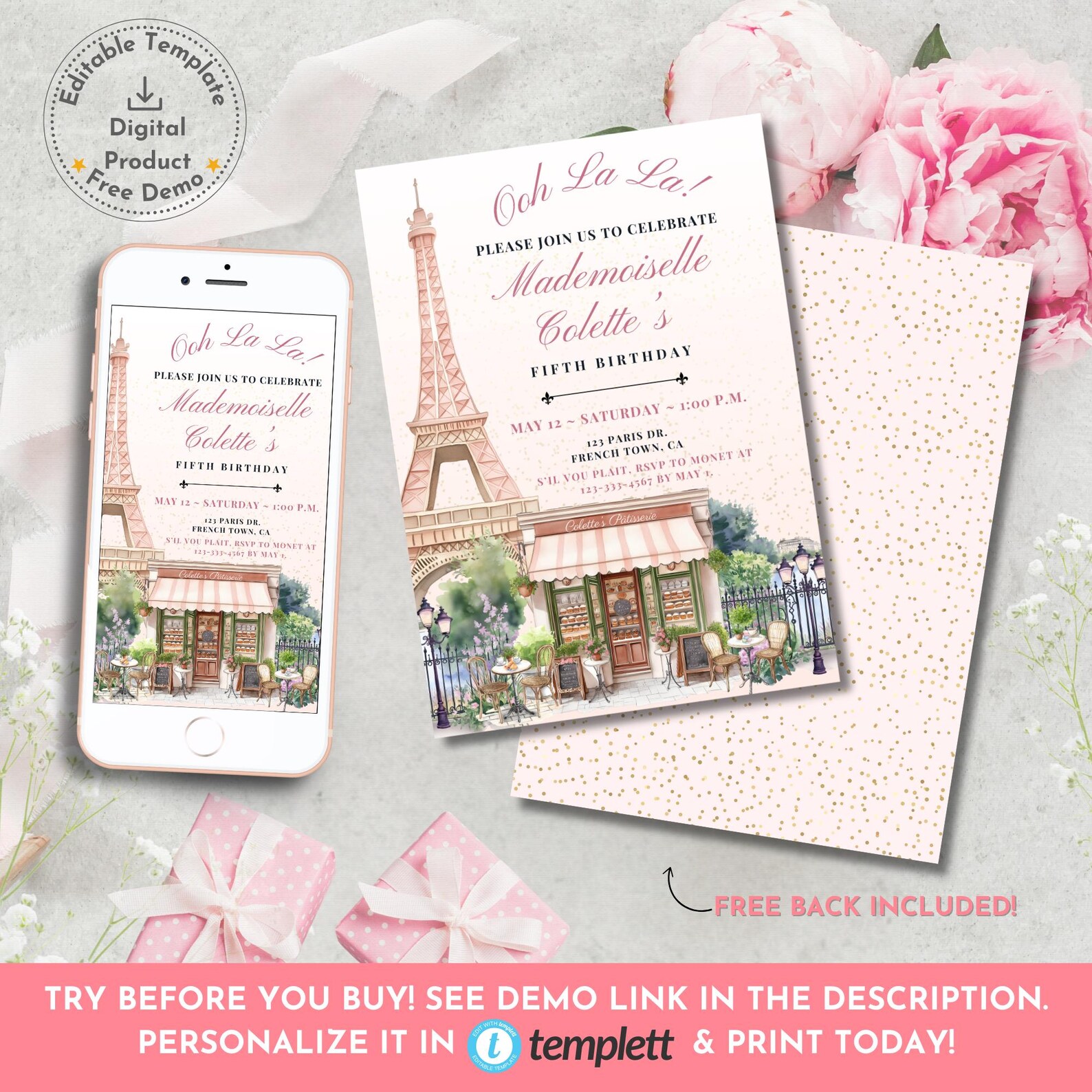 Parisian Kids 5th Birthday Invitation, Eiffel Tower Invite, Travel ...