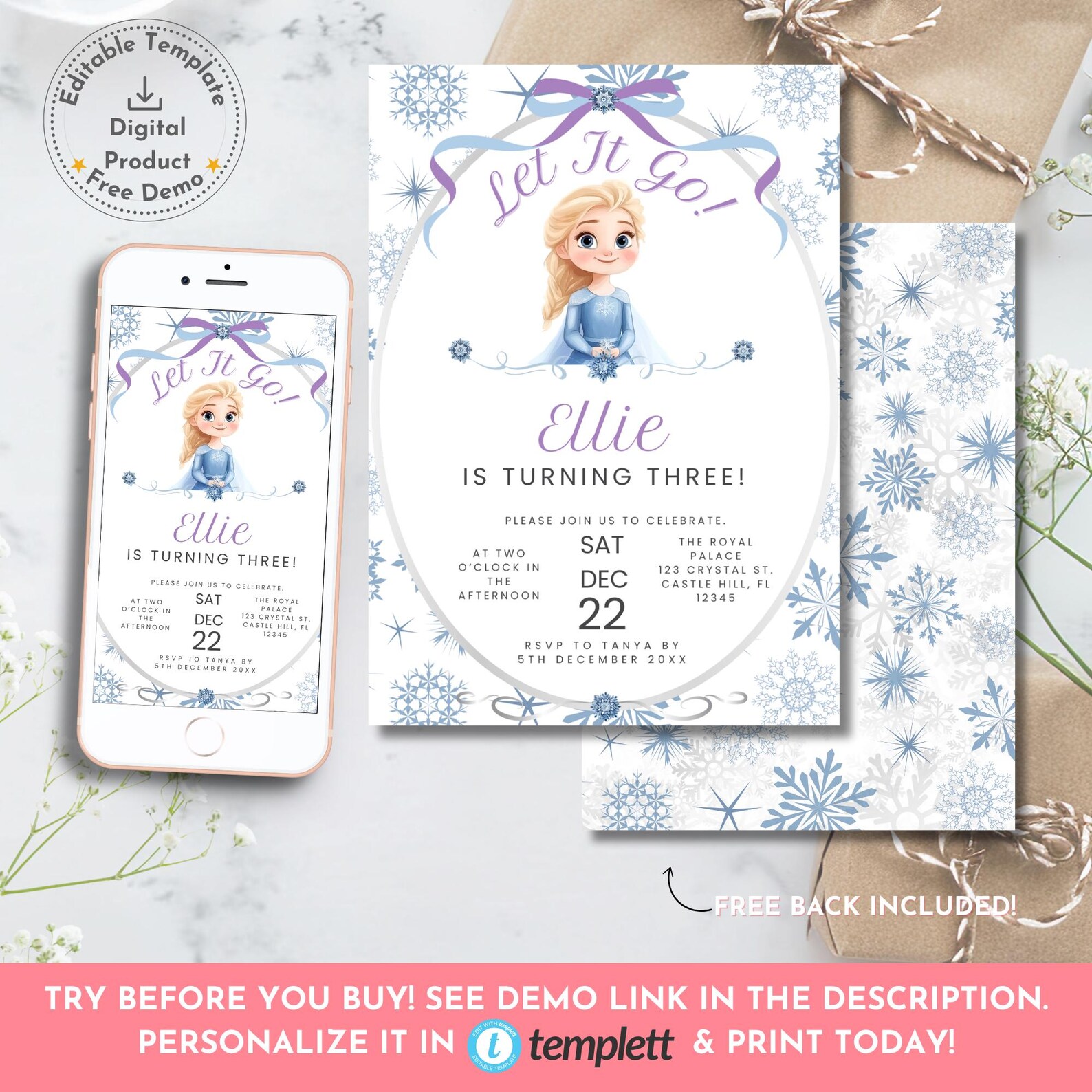 Elsa 3rd Birthday Invitation: Frozen Winter Snowflake Design - Editable ...