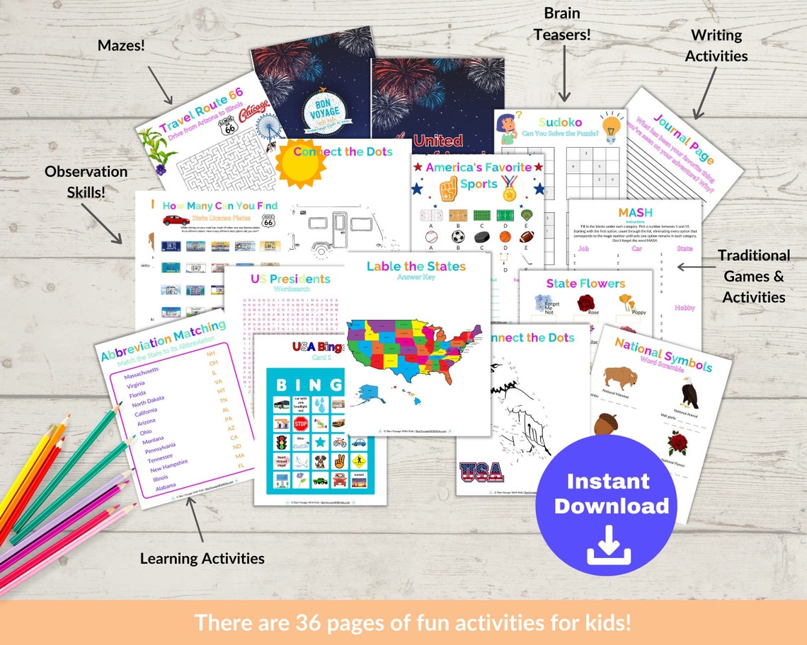 USA Activity Pack for Kids: Printable Games & Coloring Pages (digital ...