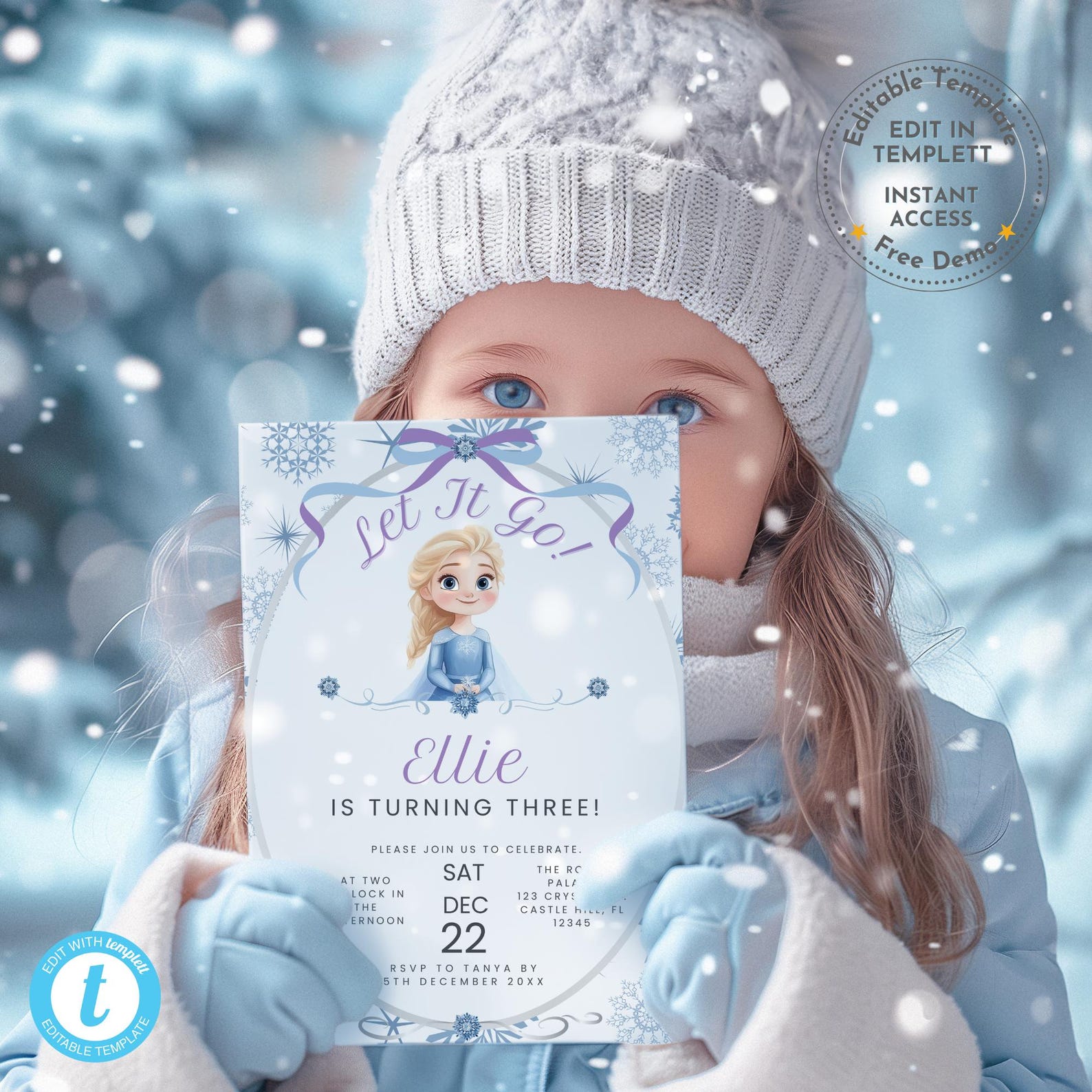 Elsa 3rd Birthday Invitation: Frozen Winter Snowflake Design - Editable ...