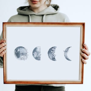 Floral Blue Phases of the Moon Printable, Moon Phases Printable ...