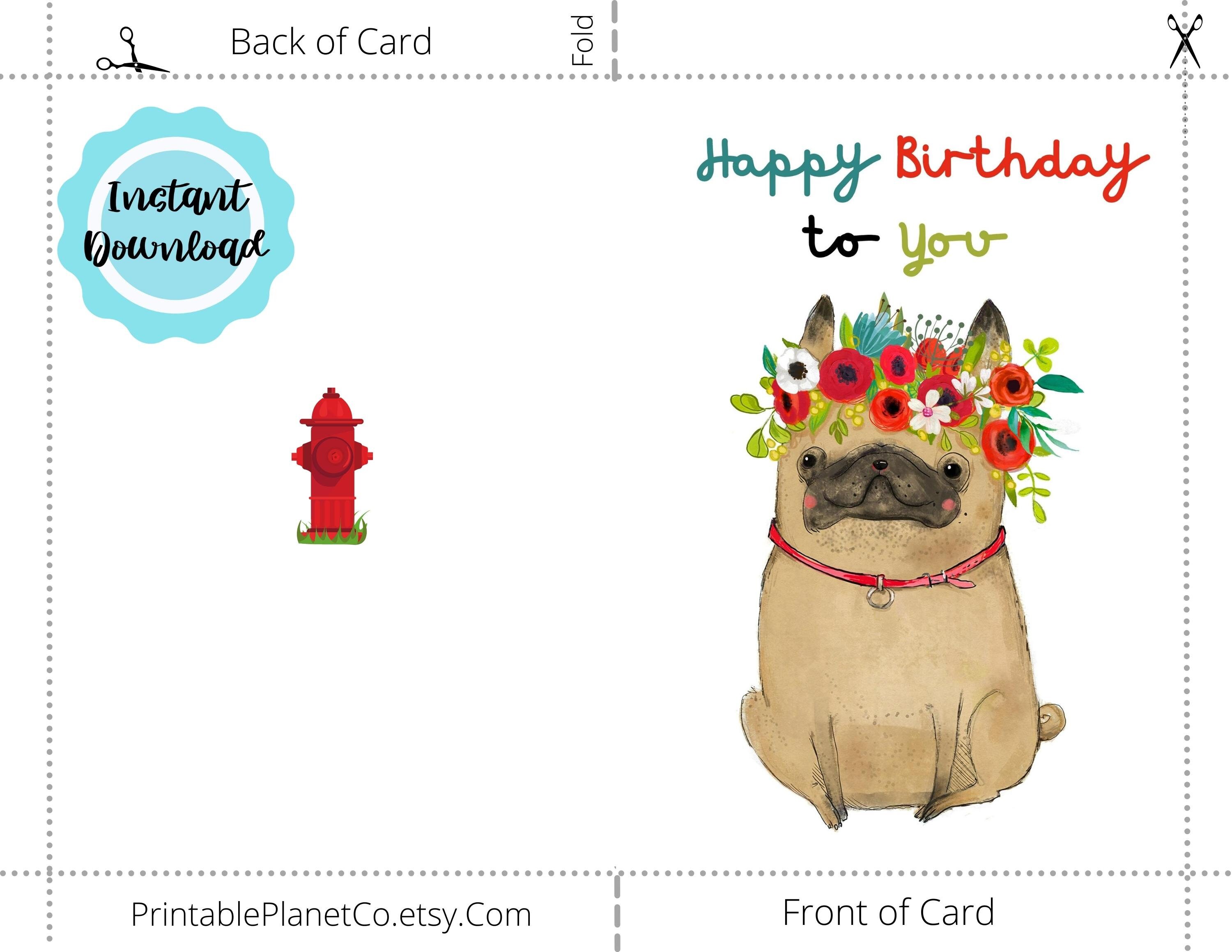 Happy Birthday Card Pug Puppy Flowers Dog Printable - Etsy