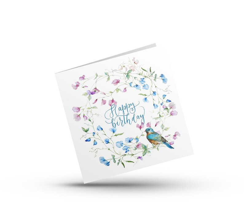 Printable Birthday Card Happy Birthday Flower Wreath Bluebird 5.25 X 5 ...