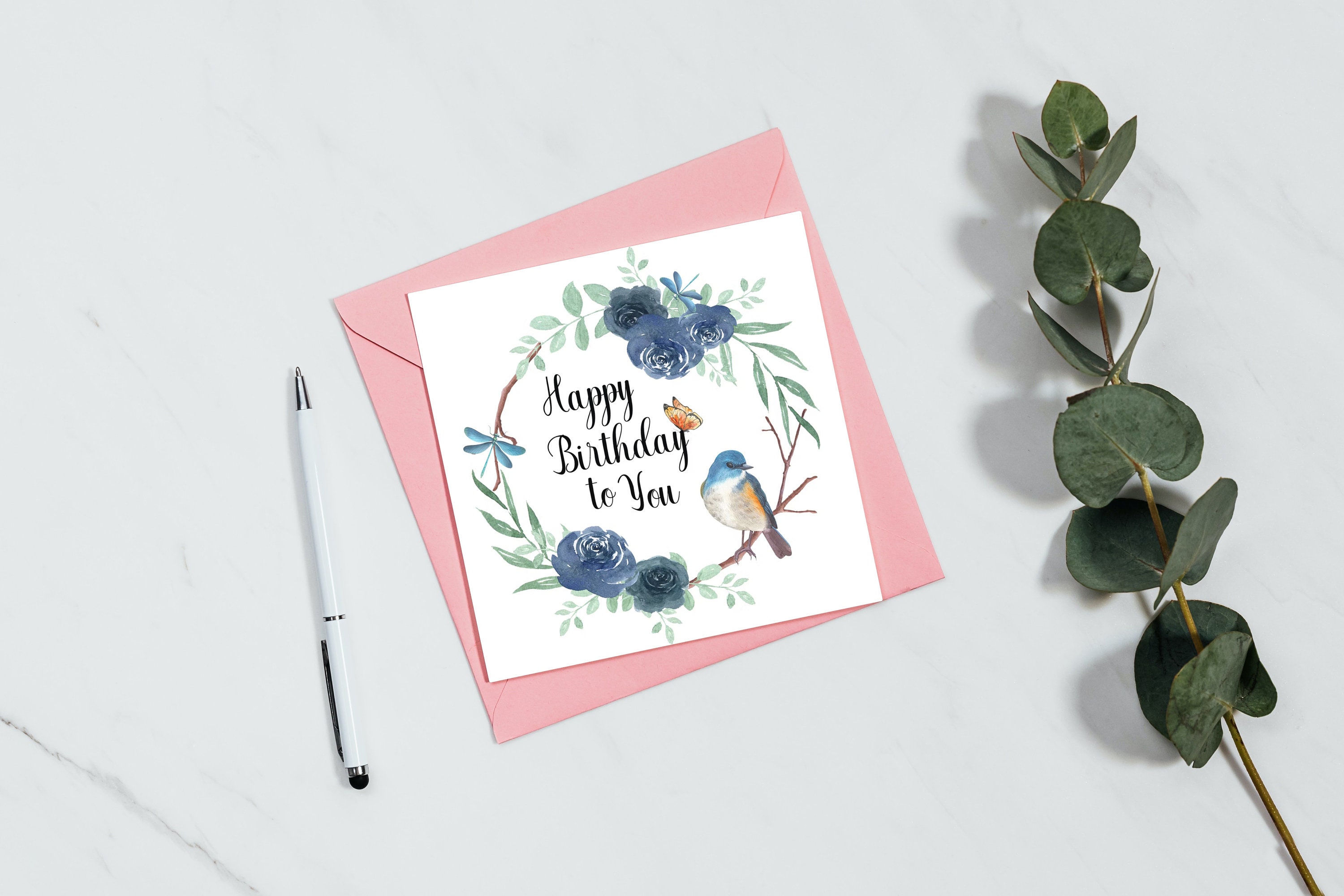 Bluebird Birthday Card | Floral Wreath, Dragonfly (instant Download) - Etsy