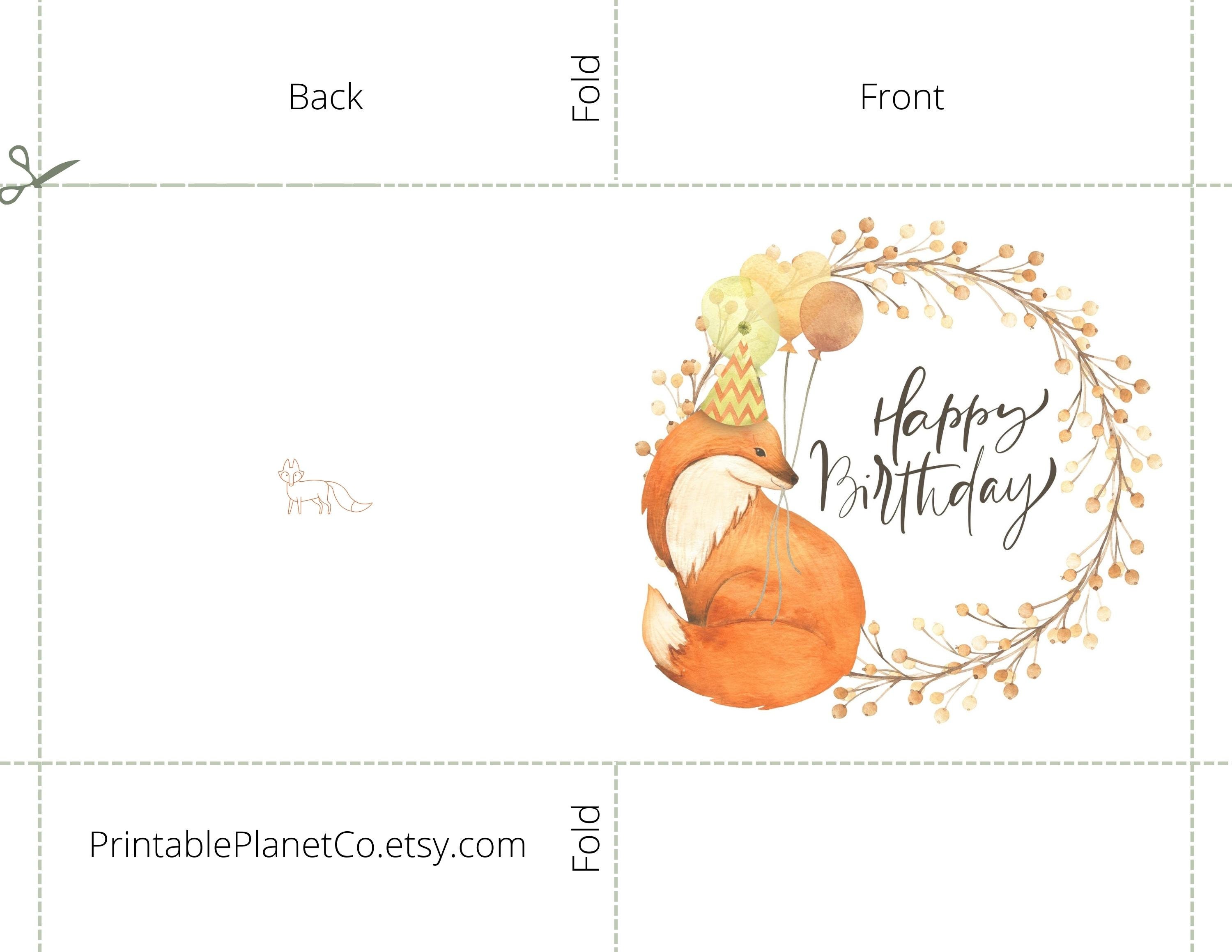 Printable Birthday Card | Happy Birthday | Fox | Balloons | 5.25 X 5 ...