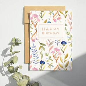 Happy Birthday Card | Digital Card | Printable Card | Flowers | Leaves ...