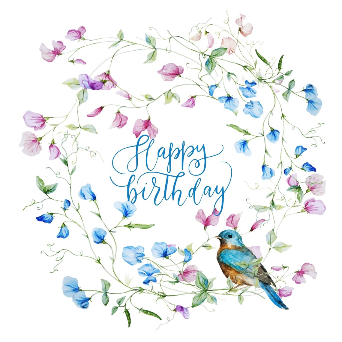 Printable Birthday Card Happy Birthday Flower Wreath Bluebird 5.25 X 5 ...