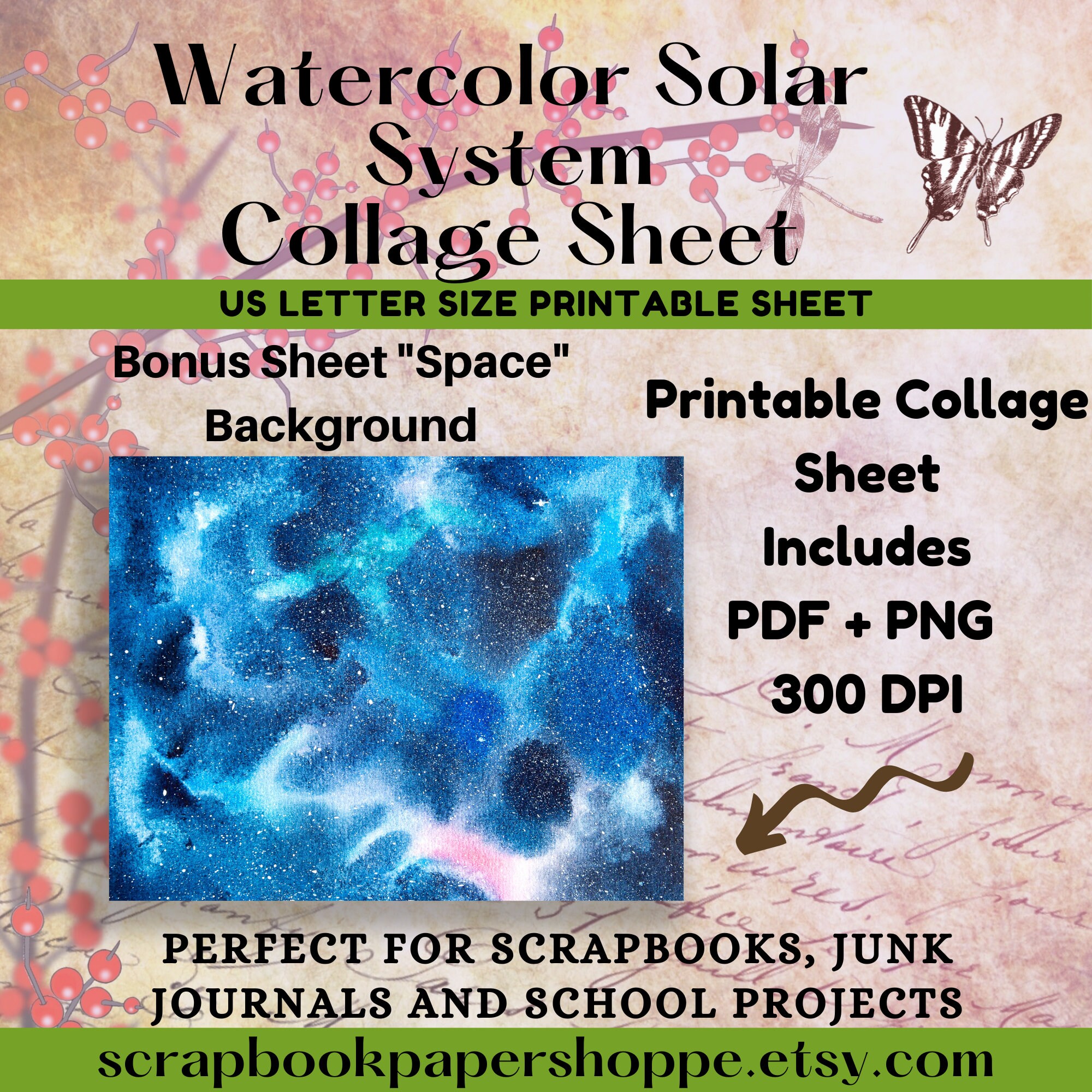 Watercolor Solar System Scrapbook Collage Sheet | Instant Download ...