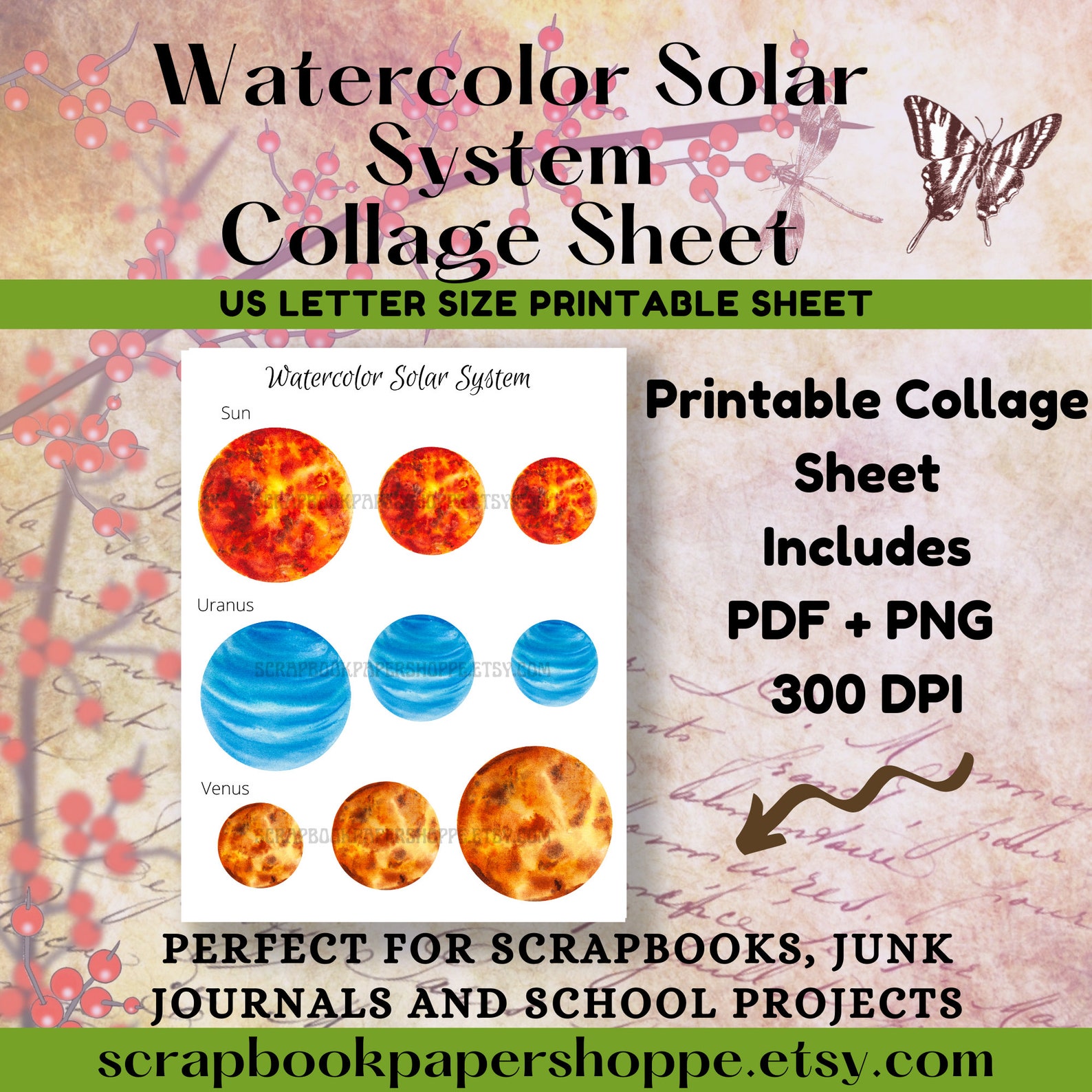 Watercolor Solar System Scrapbook Collage Sheet | Instant Download ...