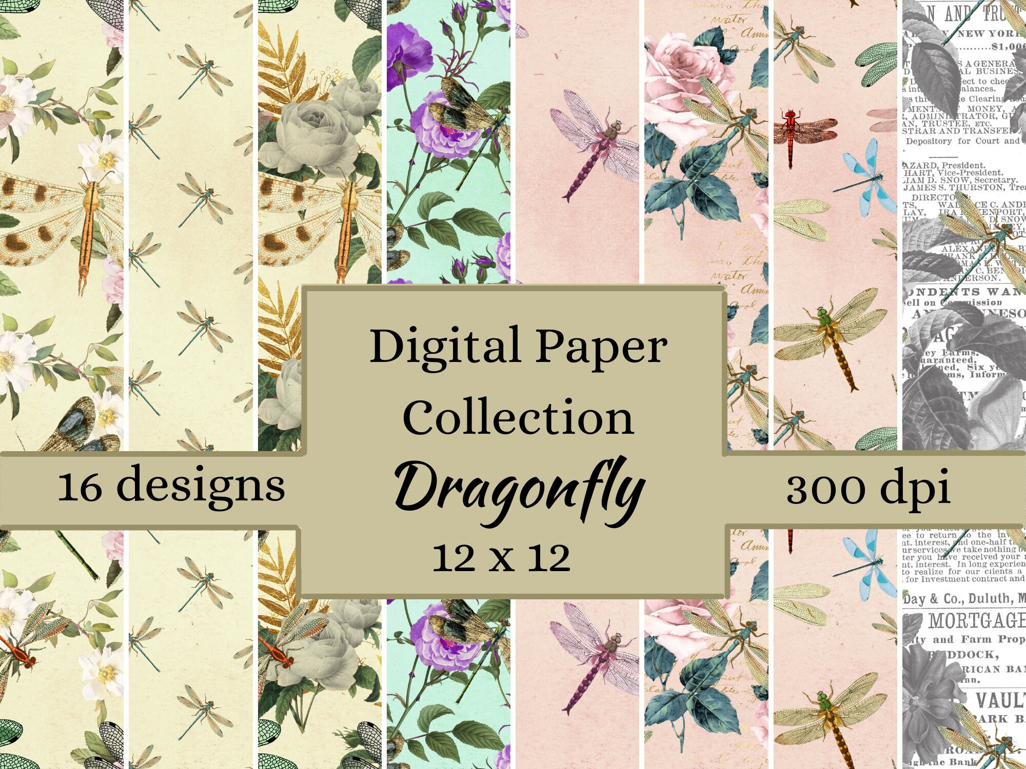 Vintage Dragonfly Digital Paper | Dragonfly Digital Background ...