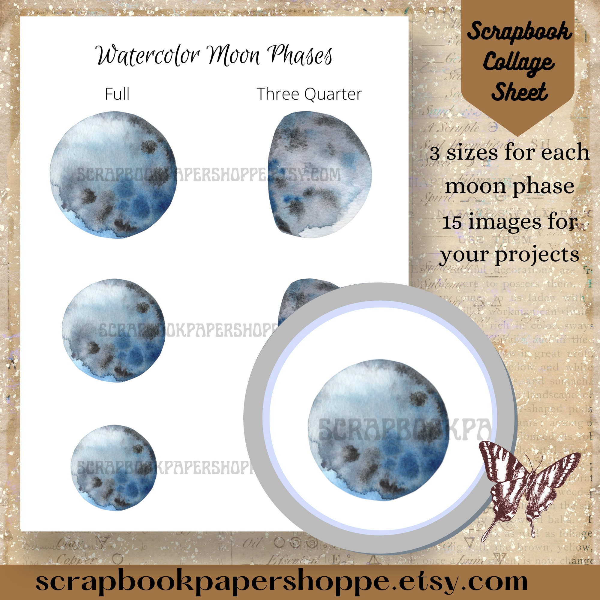 Moon Phases Printable Collage Sheet, Junk Journal Moon Phases Digital ...