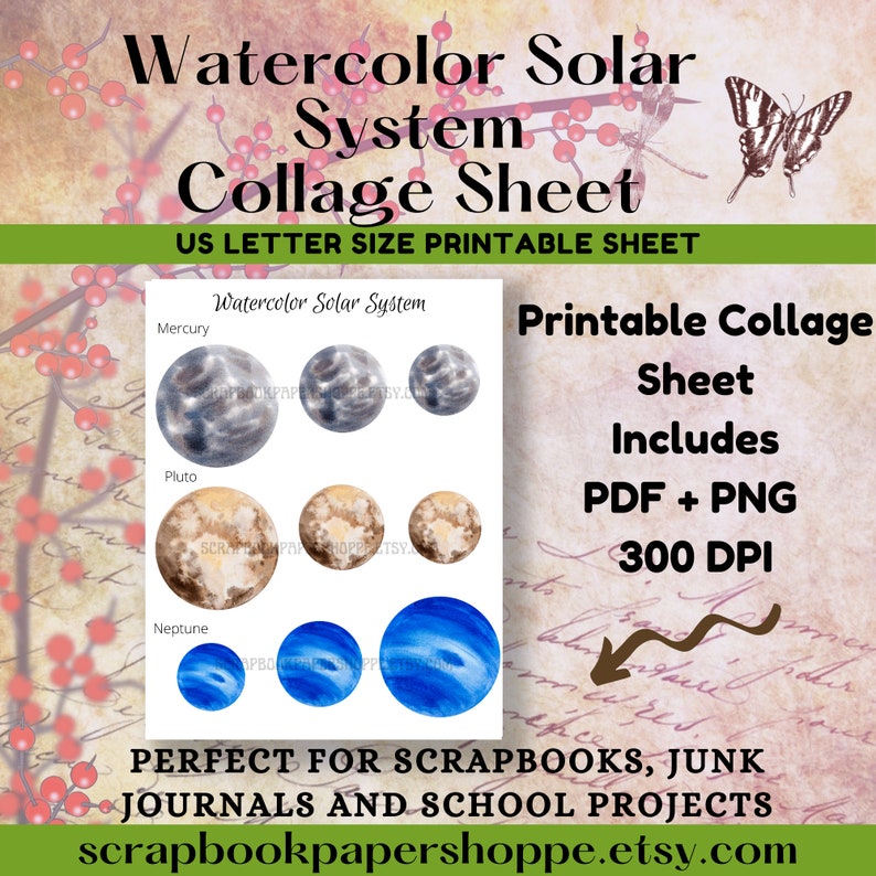 Watercolor Solar System Scrapbook Collage Sheet | Instant Download ...