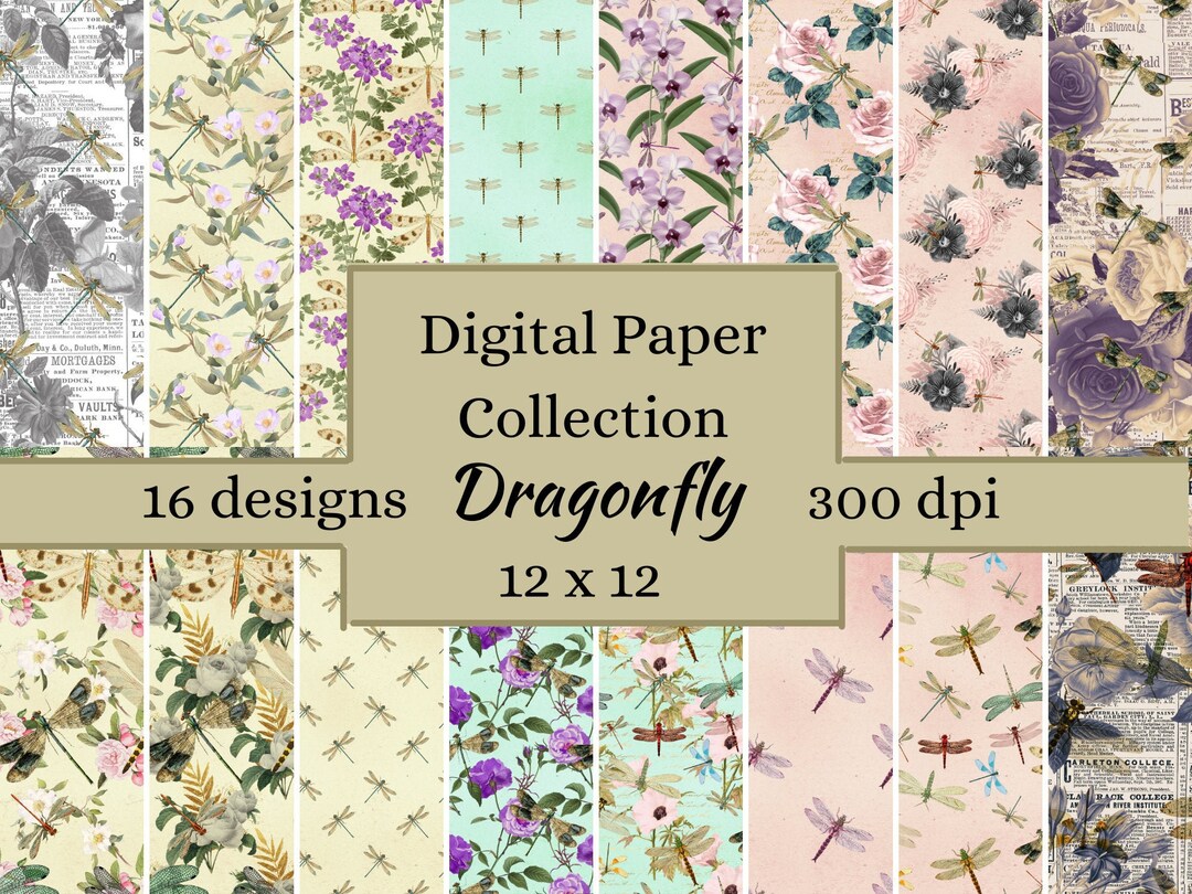 Vintage Dragonfly Digital Paper | Dragonfly Digital Background ...