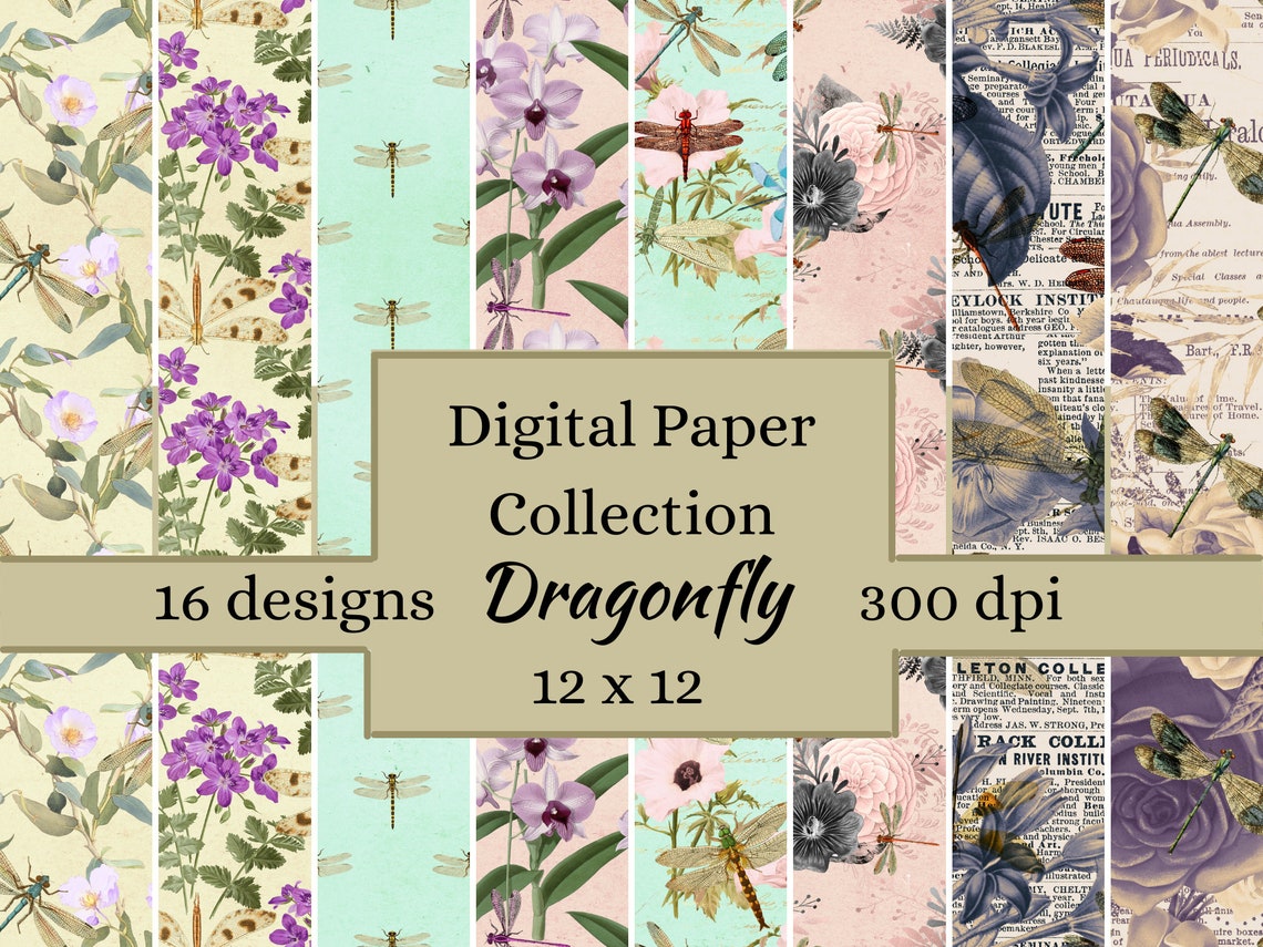Vintage Dragonfly Digital Paper | Dragonfly Digital Background ...