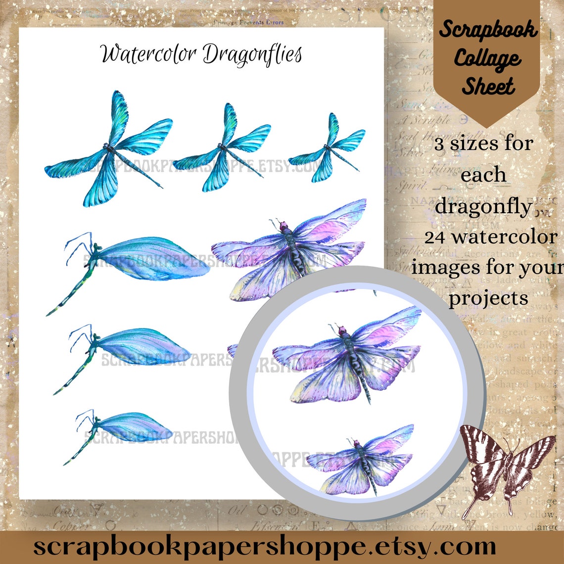Libélula Digital Scrapbook Papel / Hoja de collage / Descarga ...