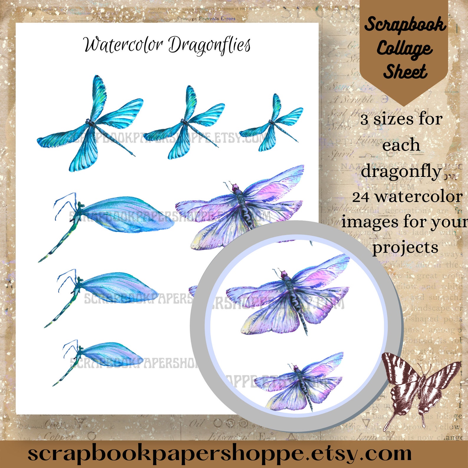 Dragonfly Digital Scrapbook Paper | Collage Sheet | Instant Download | Print and Cut Dragonflies ...
