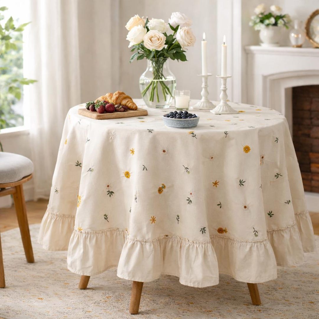 Spring Ruffle Round Tablecloth With Embroidery, Cotton Tablecloth ...