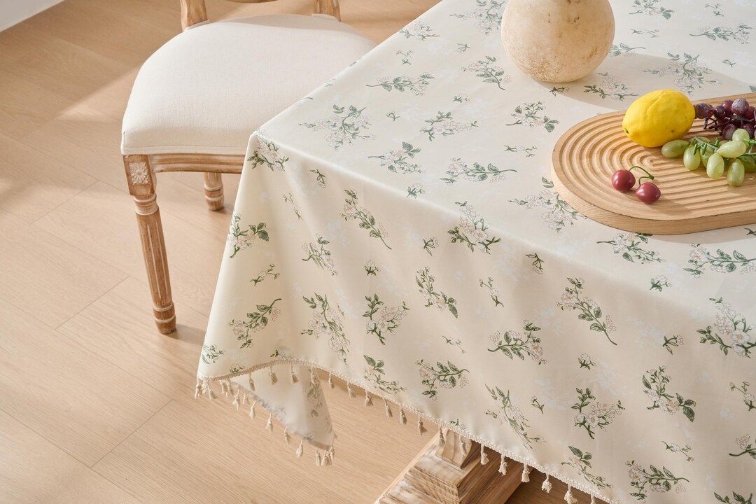 Custom Floral Oilcloth Style Tablecloth With Tassel Edge – Waterproof ...