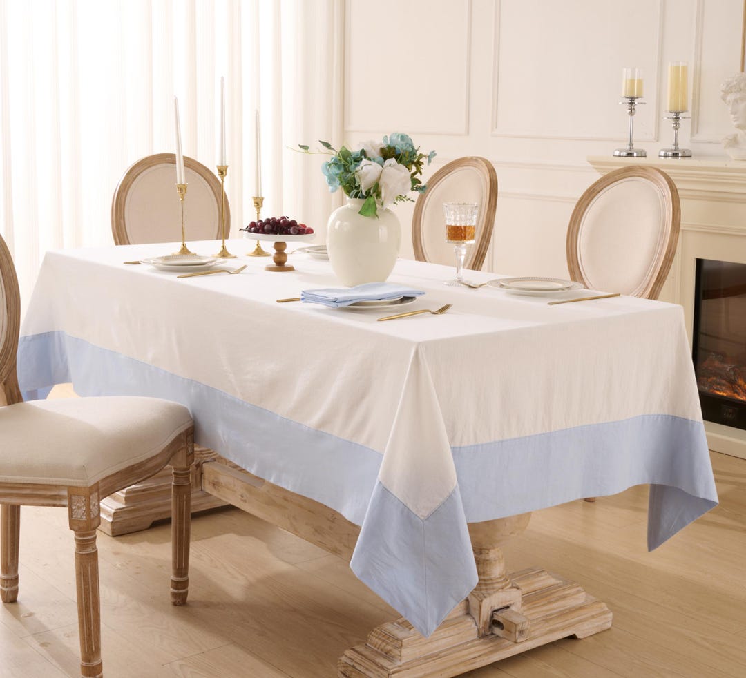 Relaxed Linen Cotton Tablecloth, White With Blue Border, Two-tone ...