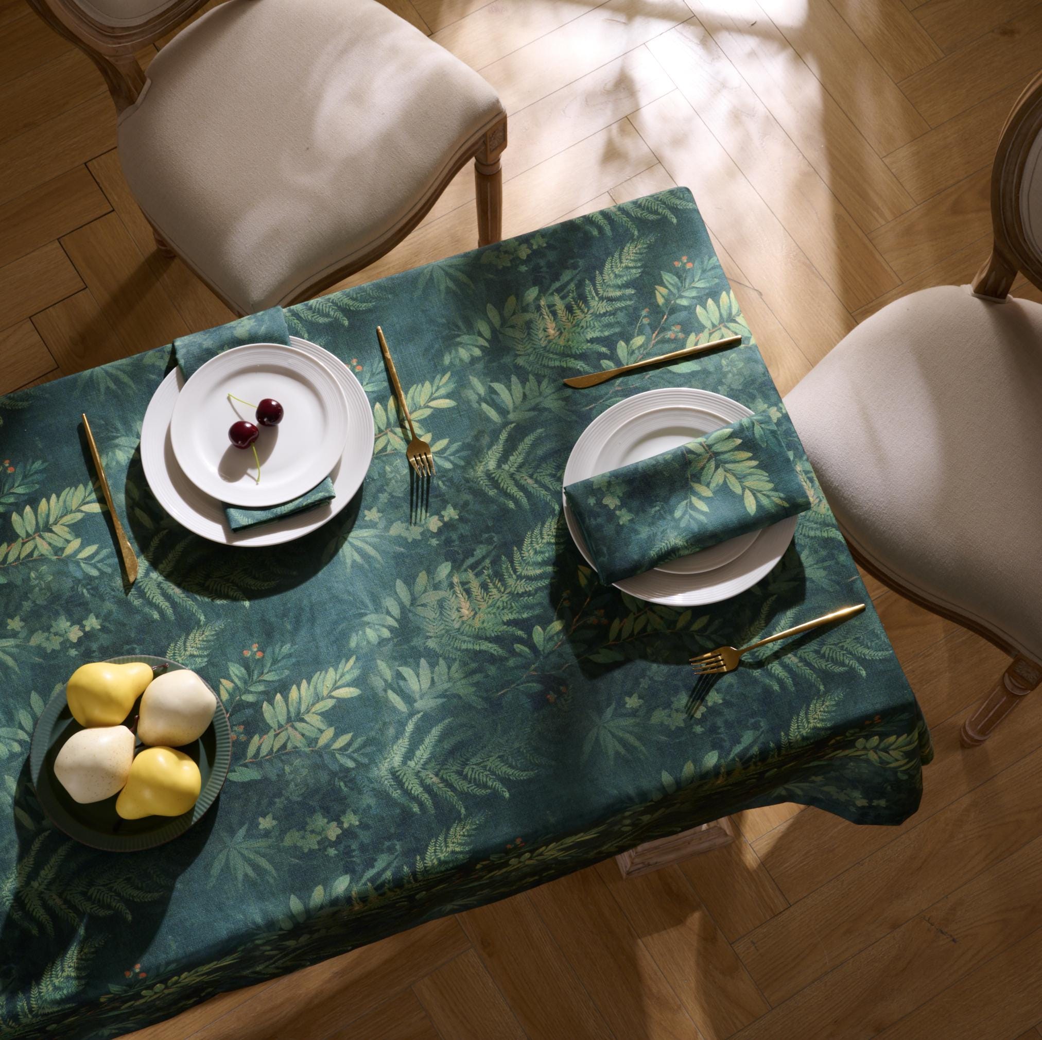 Forest Fern & Berry Green Botanical Tablecloth | Linen-textured ...