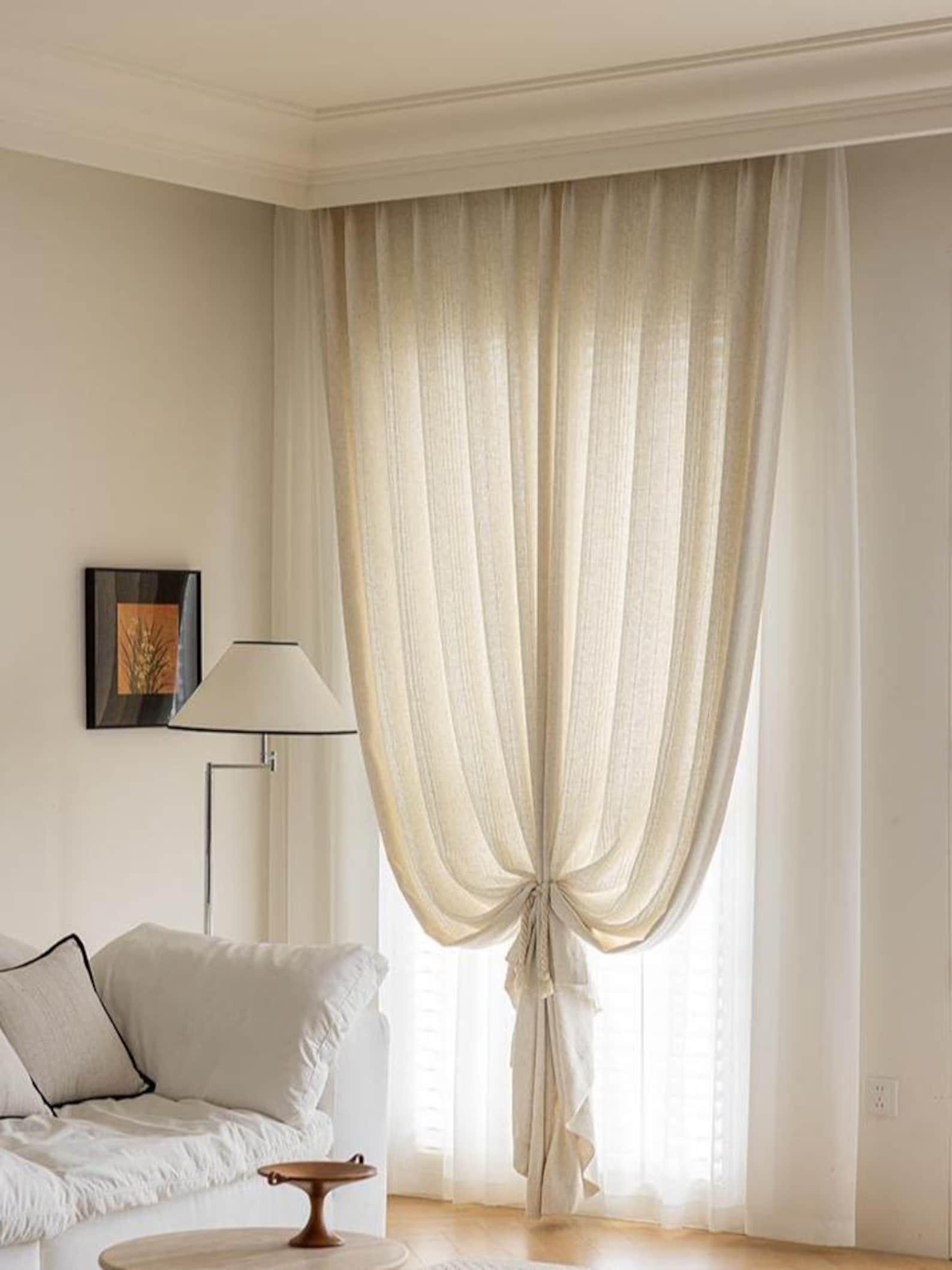 Tall Linen Textured Curtains With Woven Stripe Design, Light-filtering ...