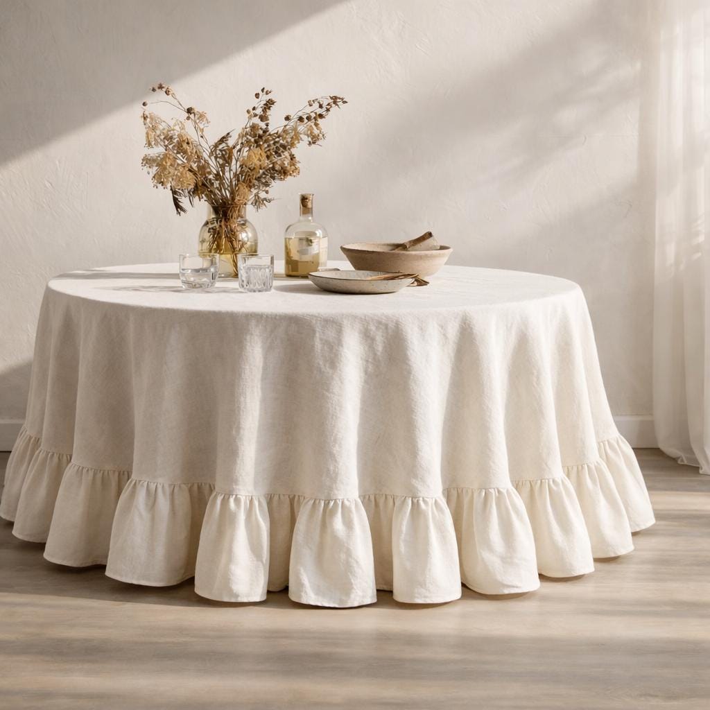 Oversized Round Linen Tablecloth With Ruffle, Floor Length European ...
