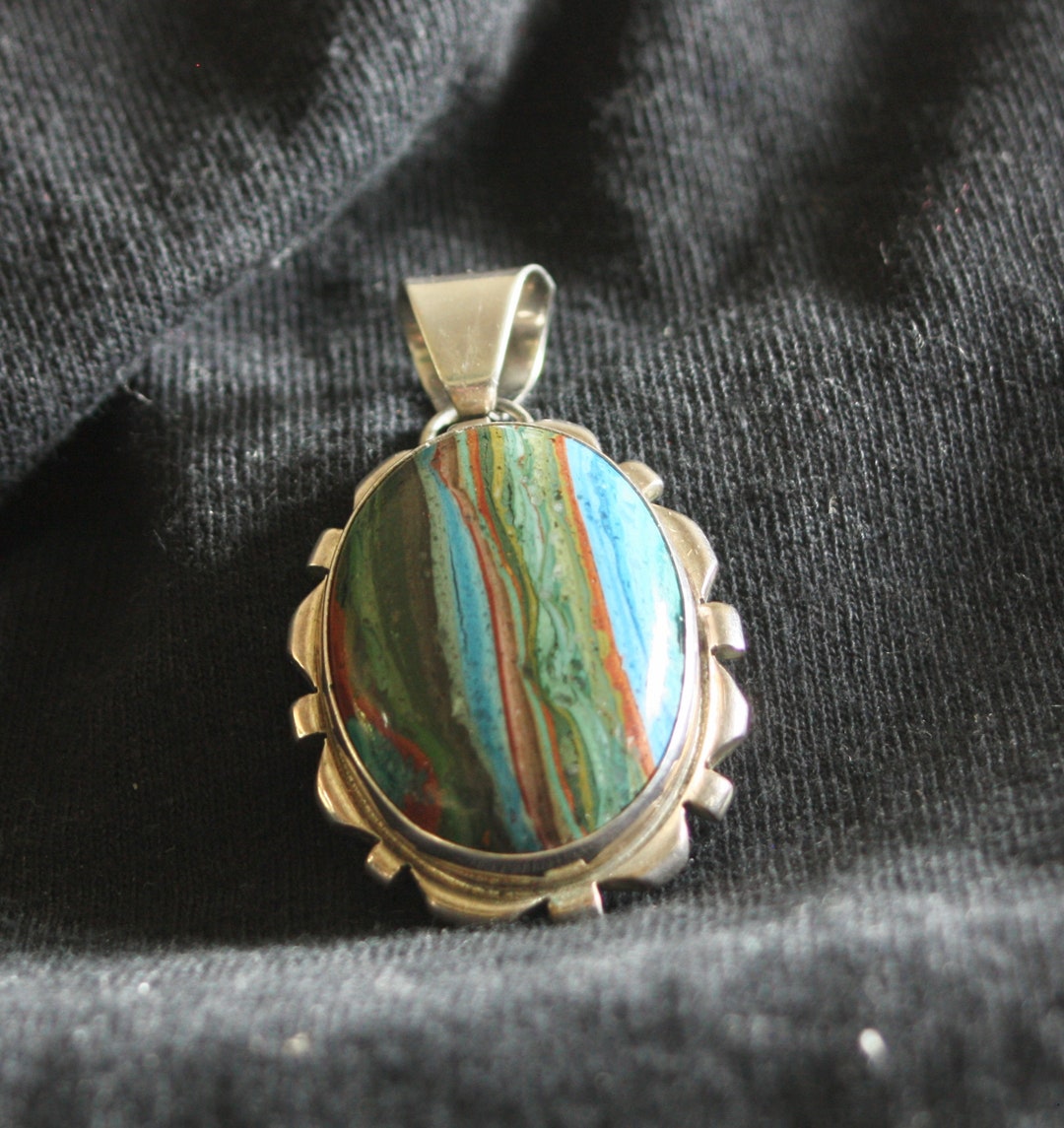 Cecil Sanders Signed Rainbow Calsilica Navajo Pendant on Sterling ...