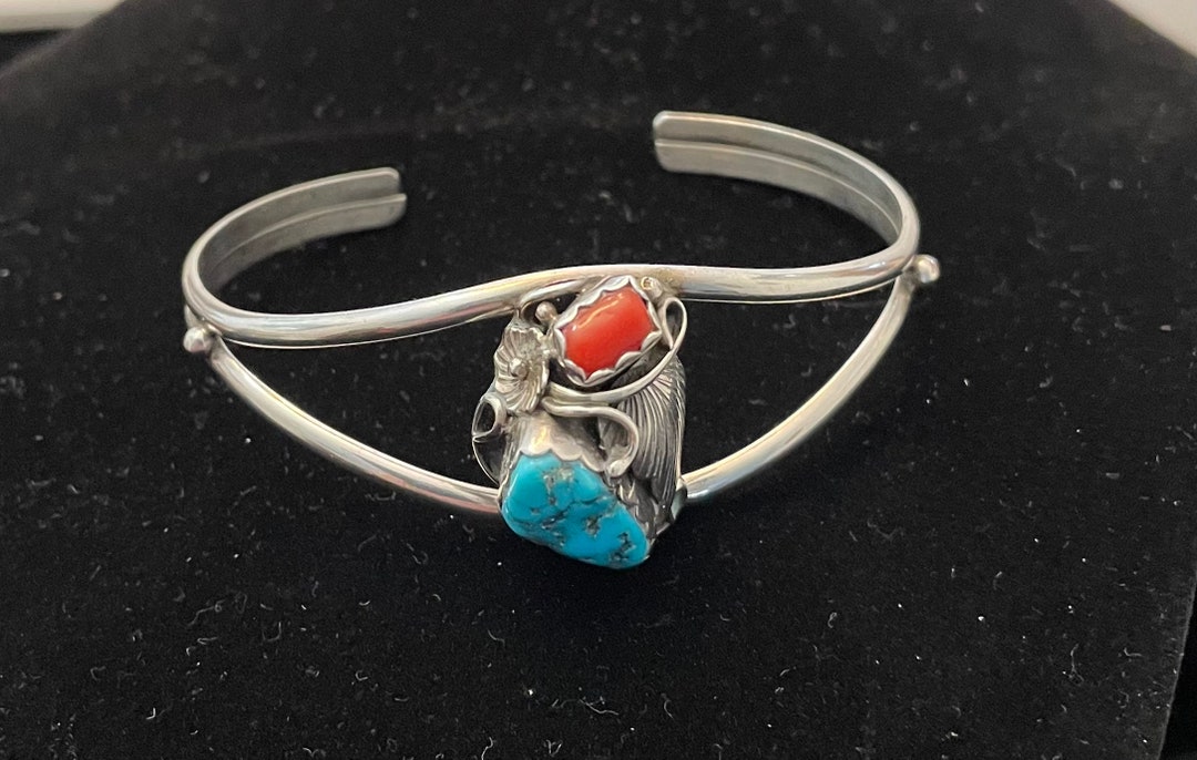 Vintage Rose Castillo Navajo Silver Bracelet With Turquoise and Coral ...