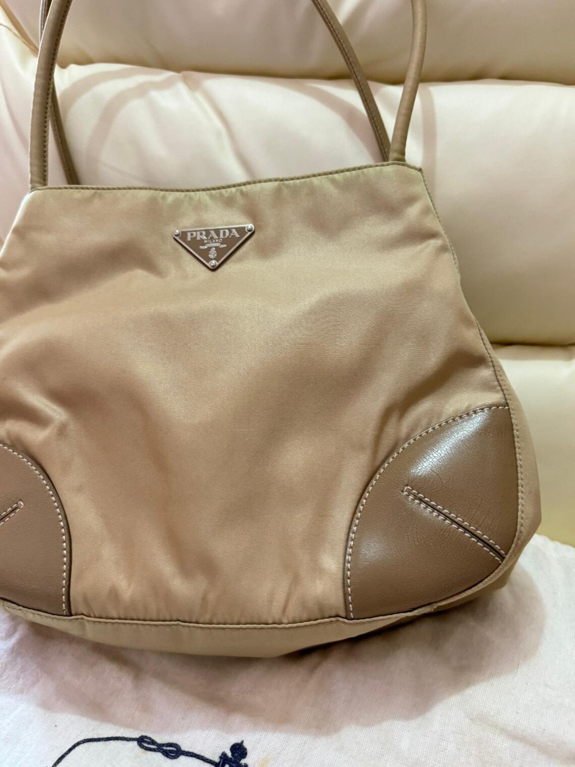 Authentic Prada Classic Nylon Shoulder Bag Beige , Authentic Prada ...