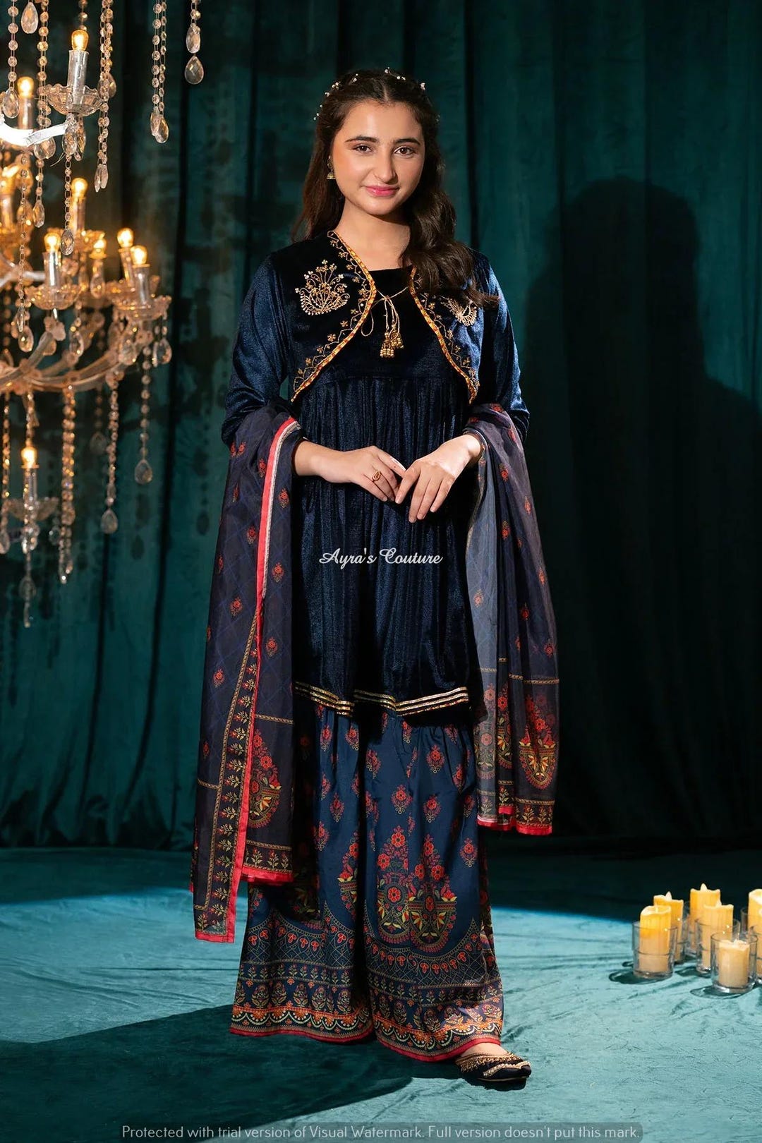 Kids Navy Blue Velvet Hand Adda Work 3 Pc Suit - Etsy