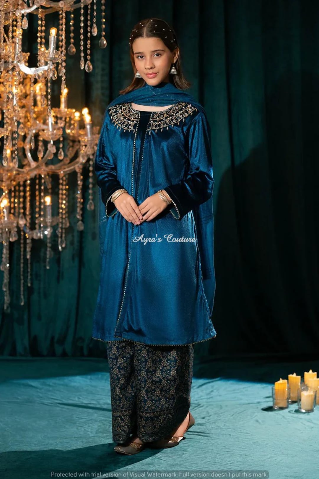 Kids Teal Blue Velvet Hand Adda Work 3 Pc Suit - Etsy