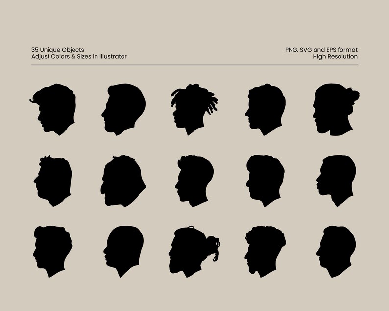Mens Side Profile Vector Silhouettes SVG, Set of 35 Unique PNG Male ...
