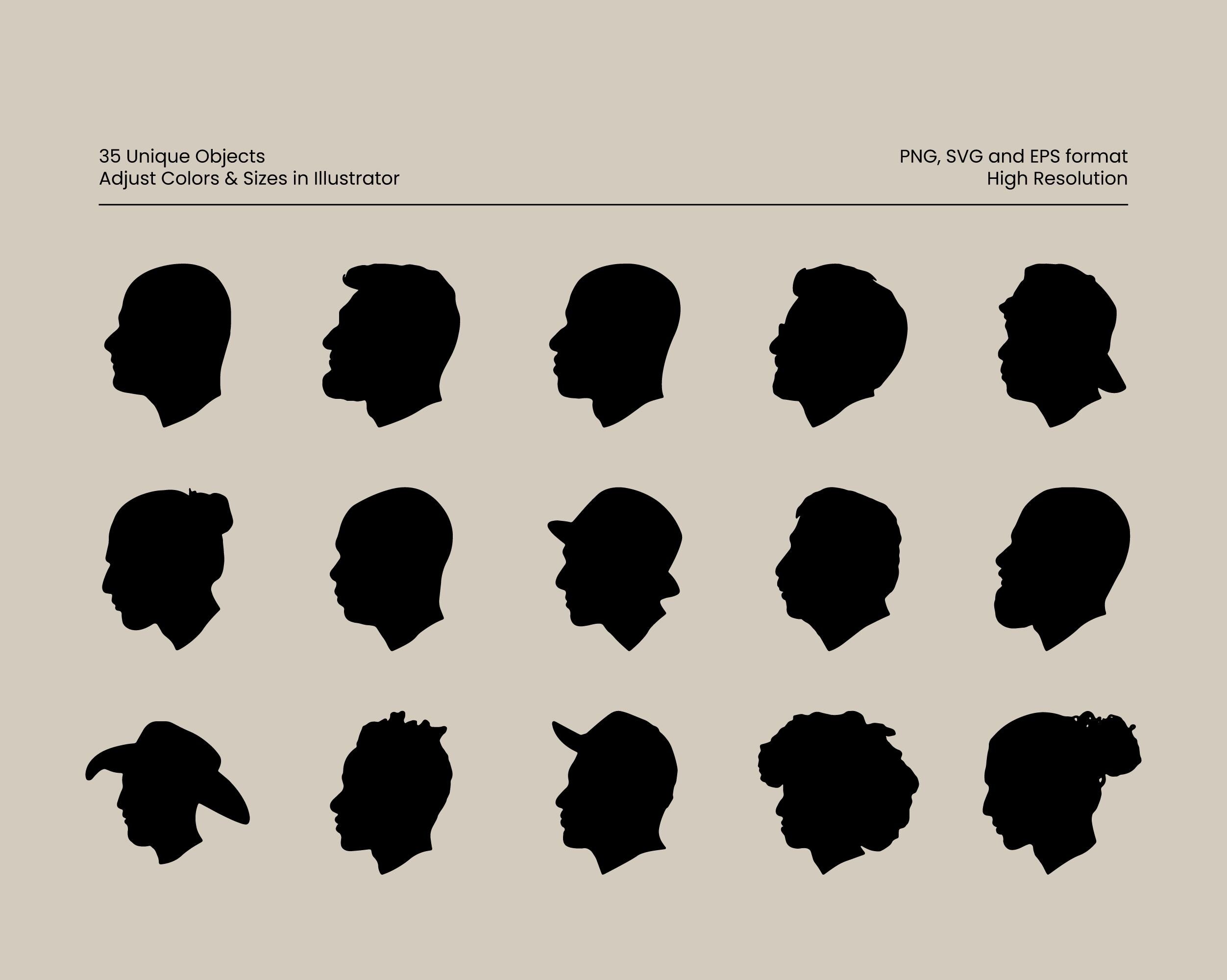 Mens Side Profile Vector Silhouettes SVG, Set of 35 Unique PNG Male ...