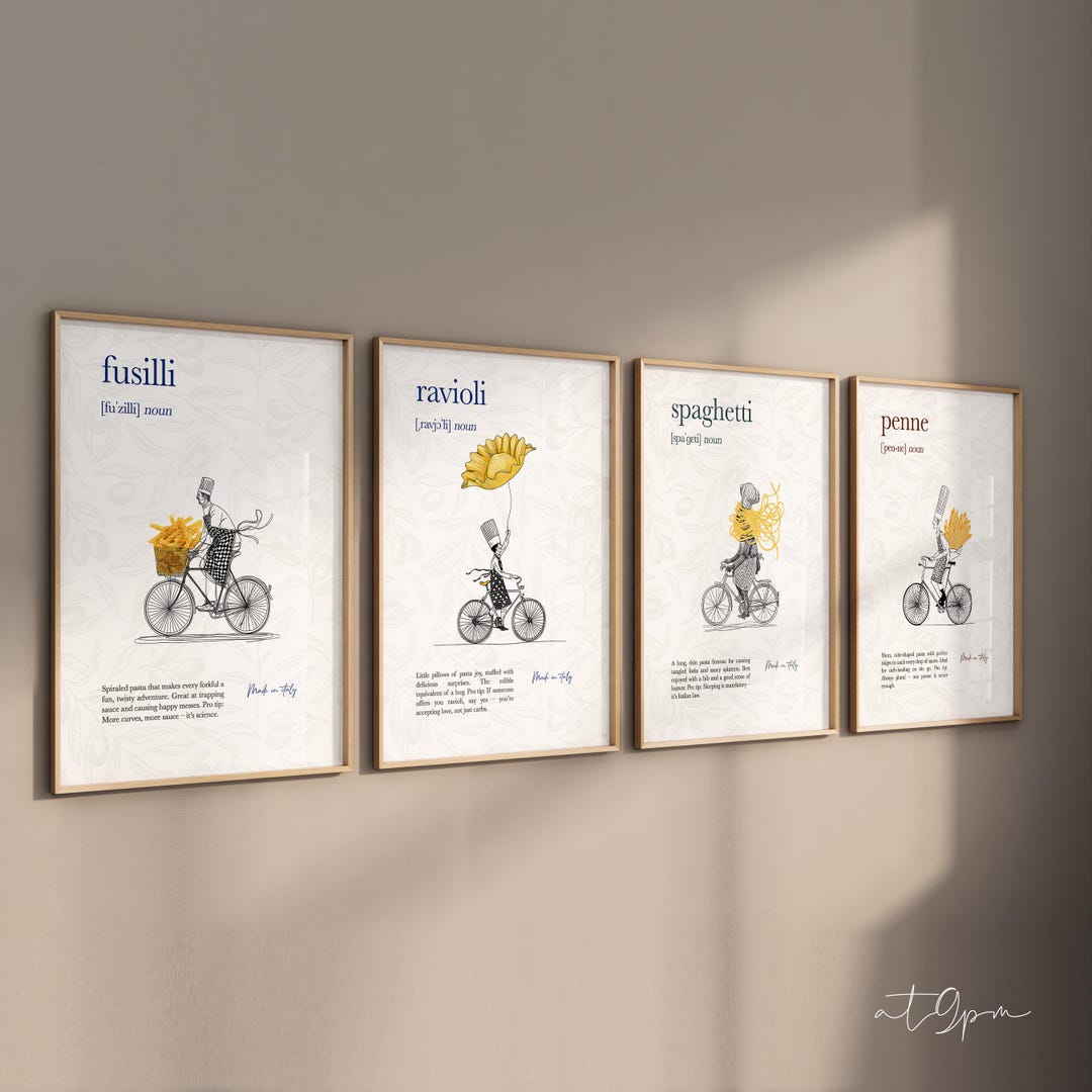Set of 4 Pasta Posters – Spaghetti, Fusilli, Ravioli, Penne – Kitchen ...