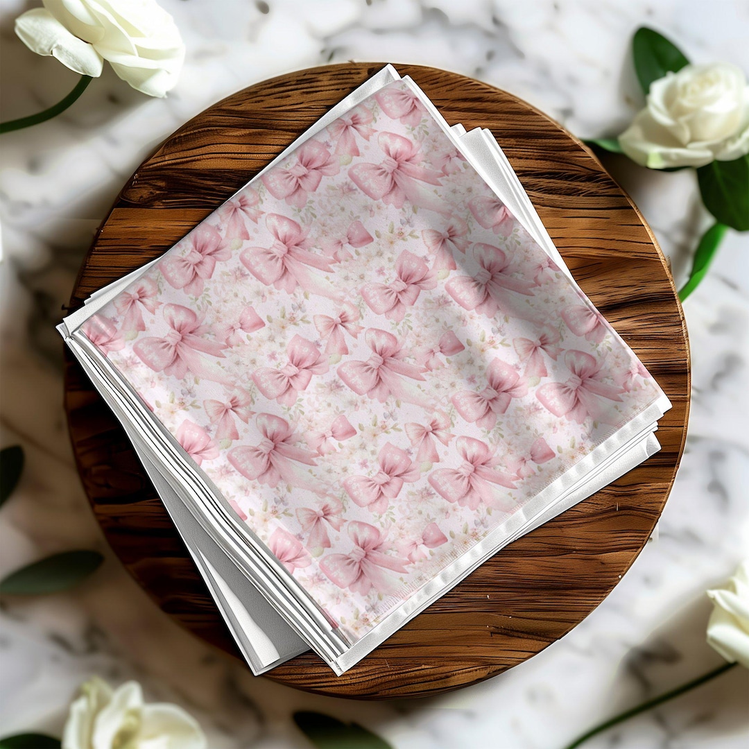 Coquette Pink Bow Custom Floral Napkins, Pink Bow Party Decor, Elegant ...