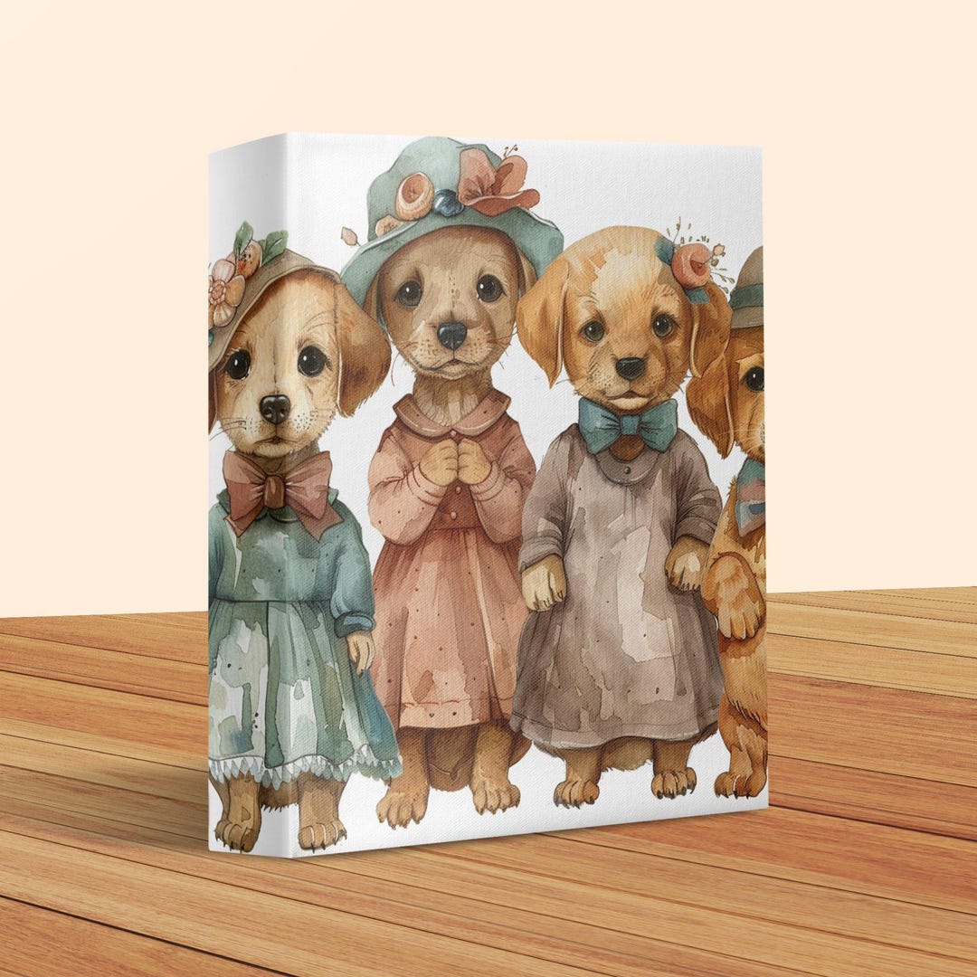 Vintage Style Puppies Poster, Cute Dogs in Outfits Art Print, Adorable ...