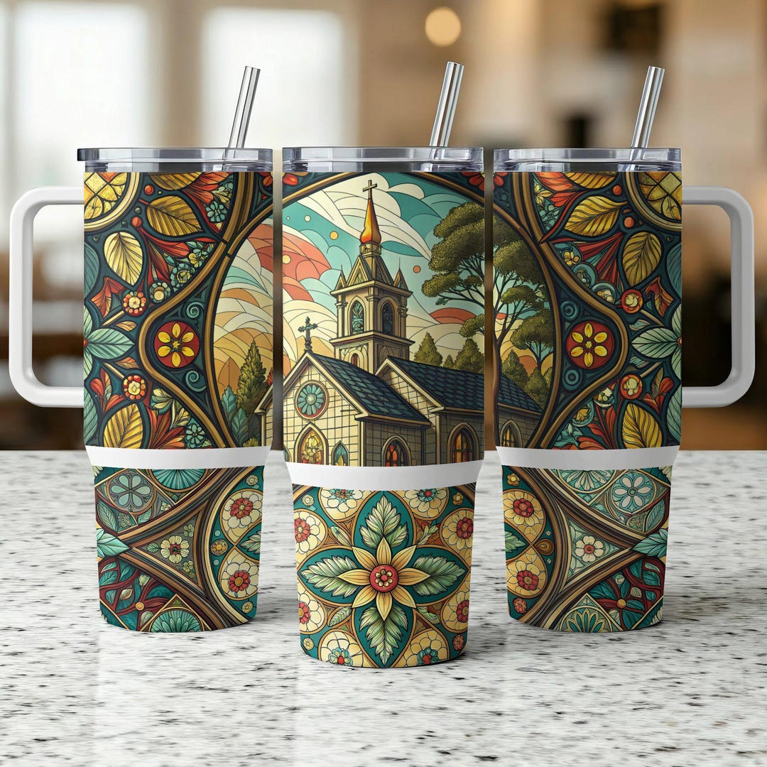Digital Stained Glass Church 40 Oz Tumbler Wrap, Religious Tumbler ...