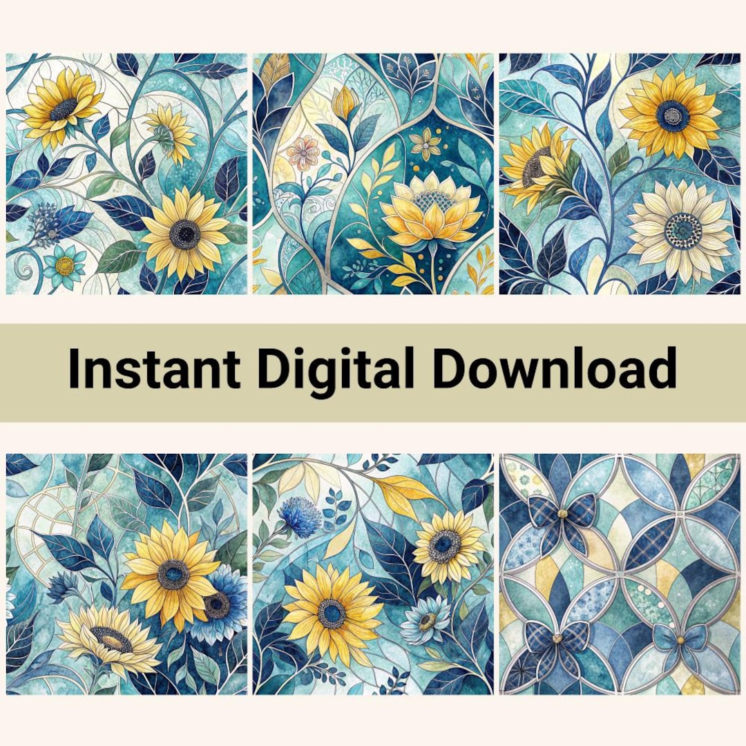 Sunflower Stained Glass Digital Paper 6 Pack| Seamless Scrapbook ...