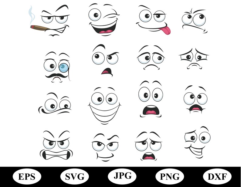 Cartoon Face Expression Reaction Emoji Set of Collection Svg, Cute ...