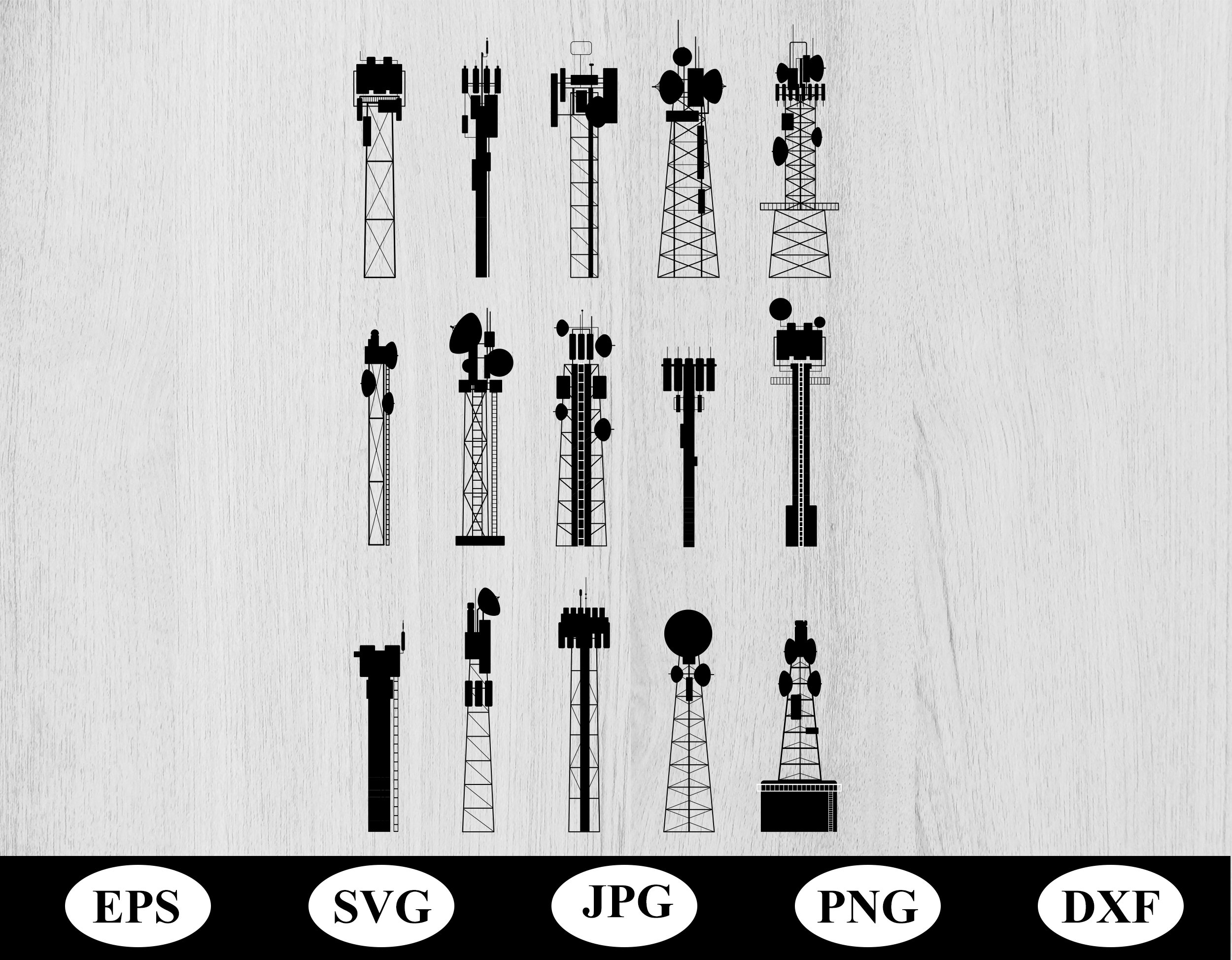 Silhouette Radio Tower Set Bundle Svg, Satellite Communication Antenna, Network Cellular ...