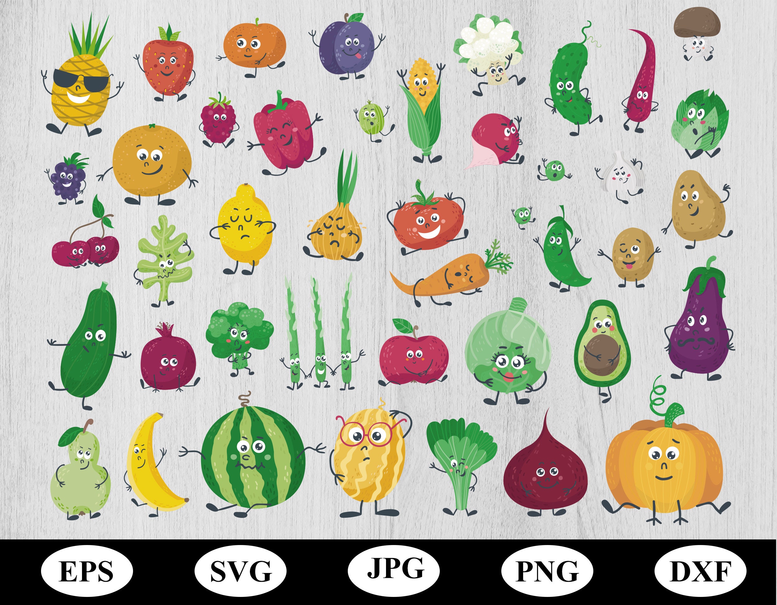 Cartoon Fruit Vegetable Icon Set Element Design Svg, Colorful Fruit ...
