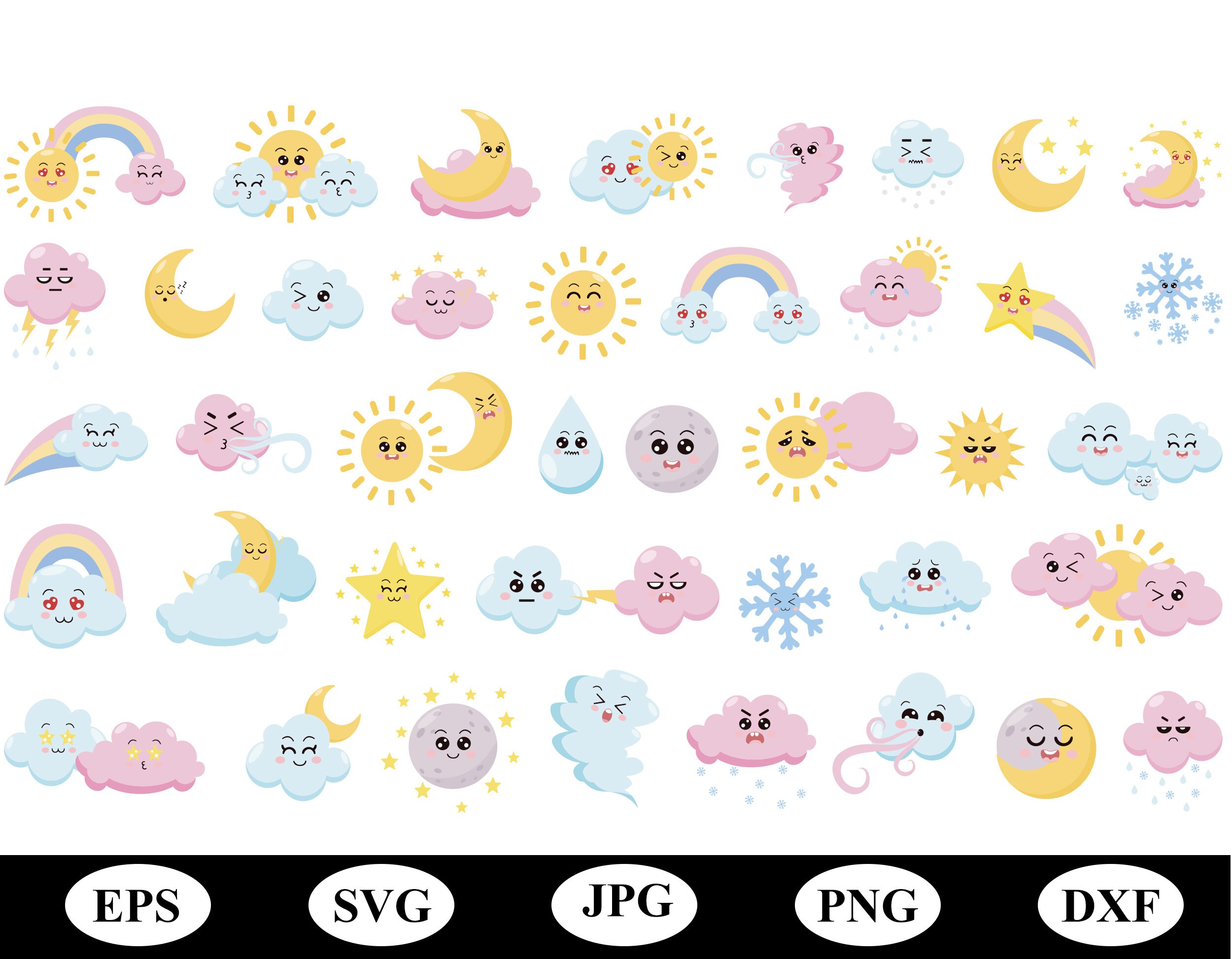 Cartoon Cute Weather Face Expression Reaction Emoji Symbol Icon Set Svg ...