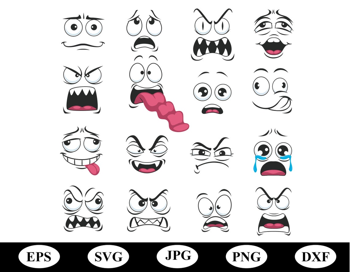 Cartoon Face Expression Reaction Emoji Set of Collection Svg, Cute ...